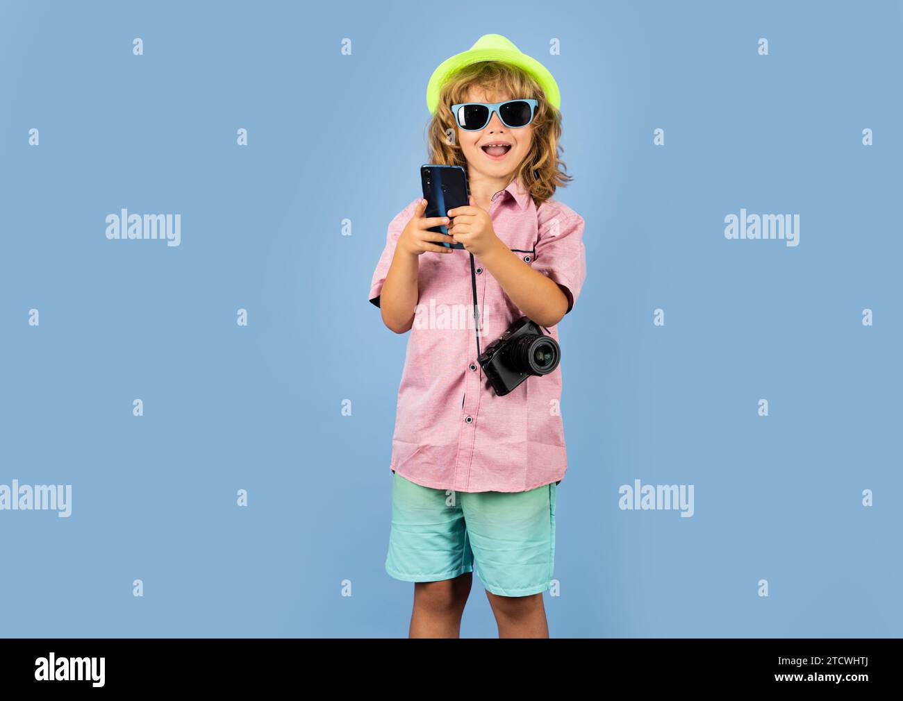 Child tourist. Child vlogger making video call, chatting. Kid tourist ...