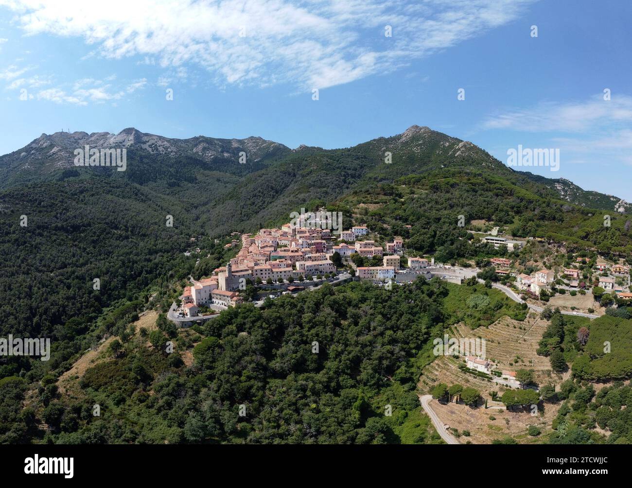 aerial view of the village of Marciana alta. Marciana Marina, Elba ...