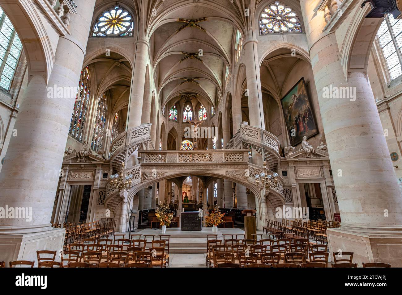The nave and elaborate sculptured stone jubé, or rood screen inside ...