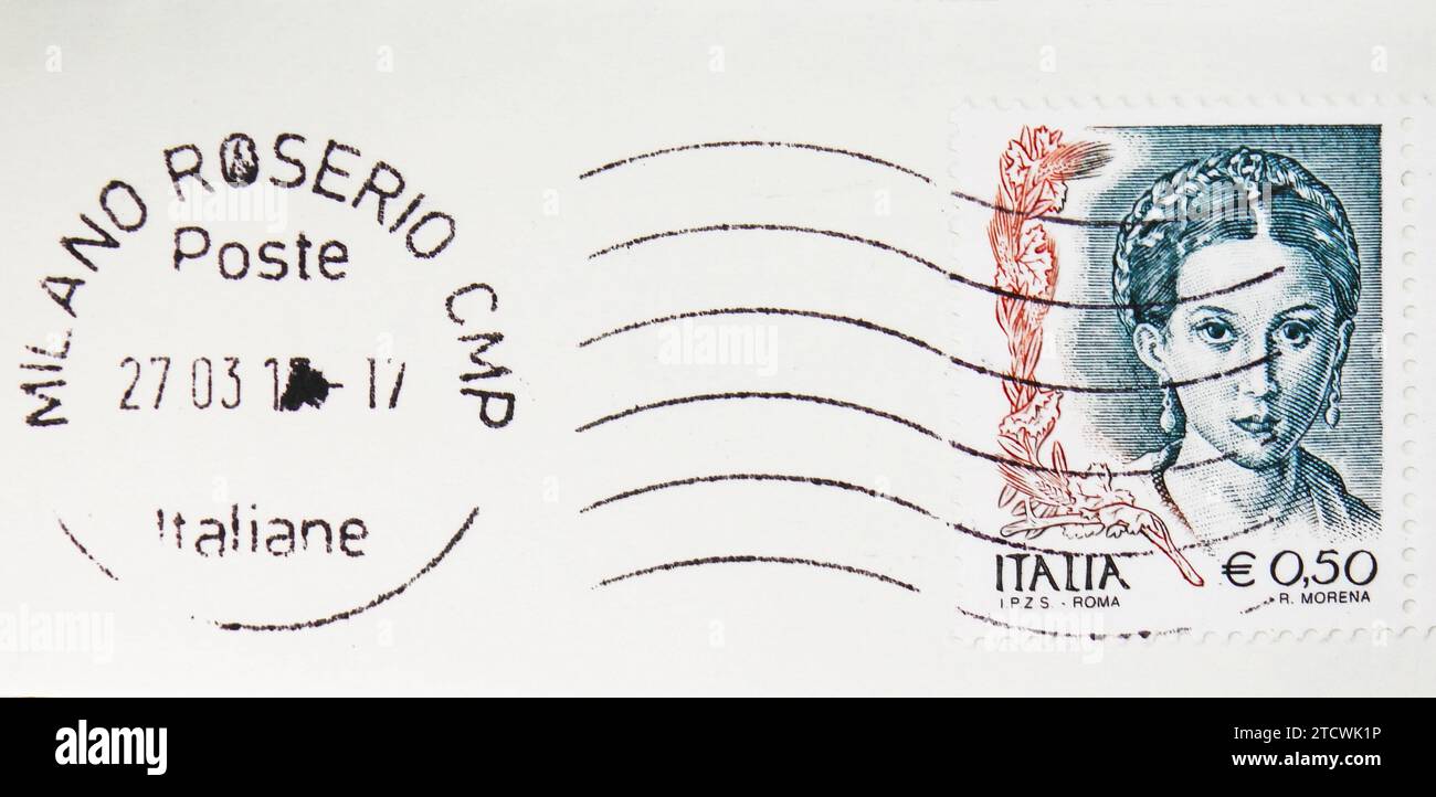 MOSCOW, RUSSIA - NOVEMBER 19, 2023: Postage stamp printed in Italy ...