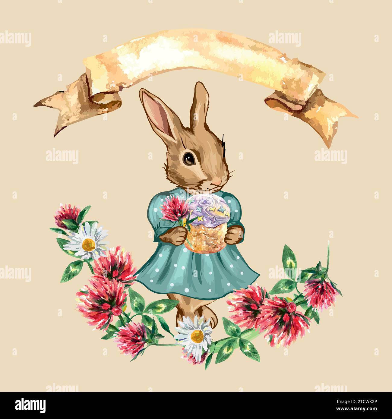 Easter bunny. Postcard with a hare and Easter cake, banner for ...