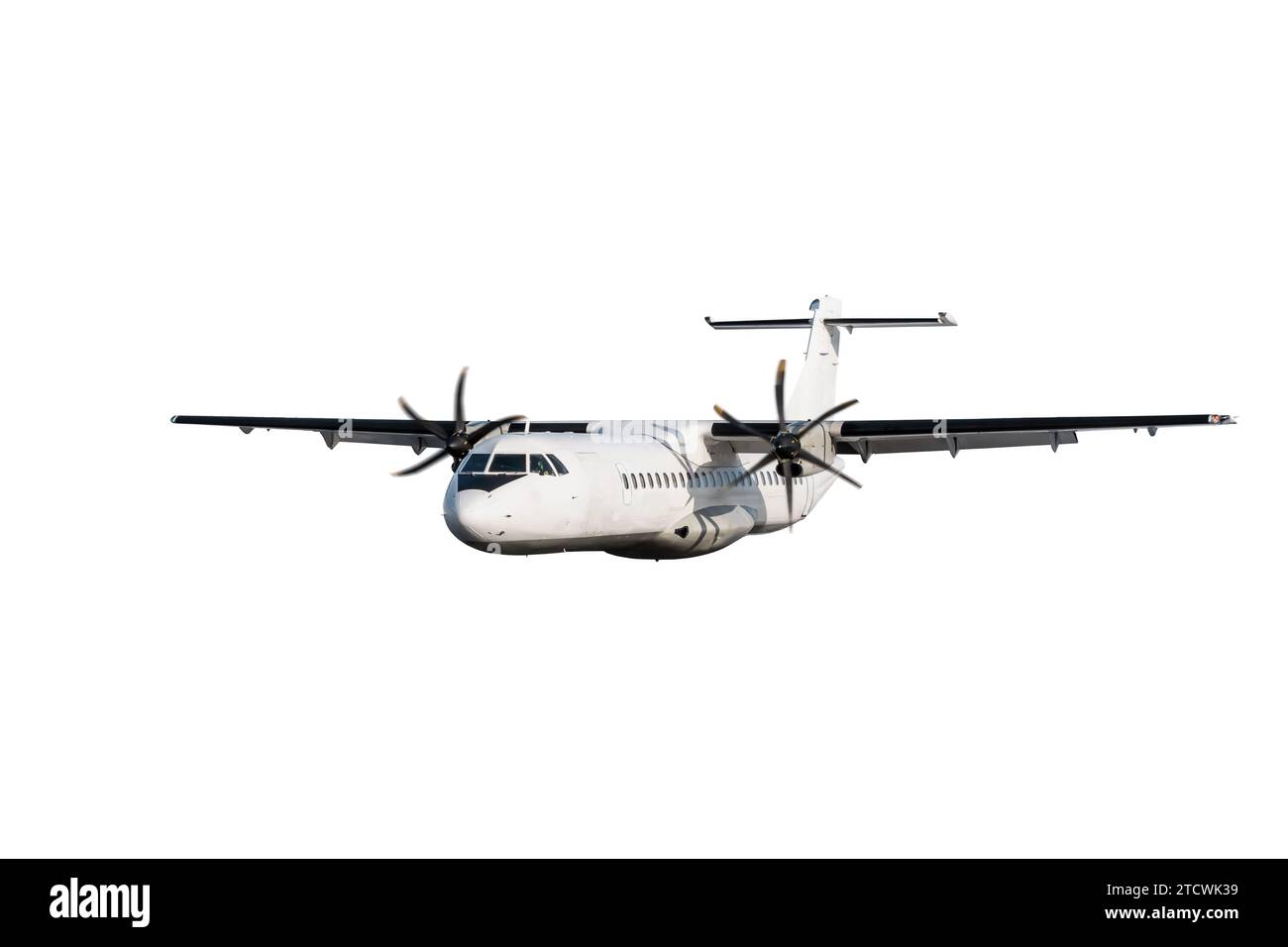 Passenger turboprop airplane flying isolated on white background Stock ...