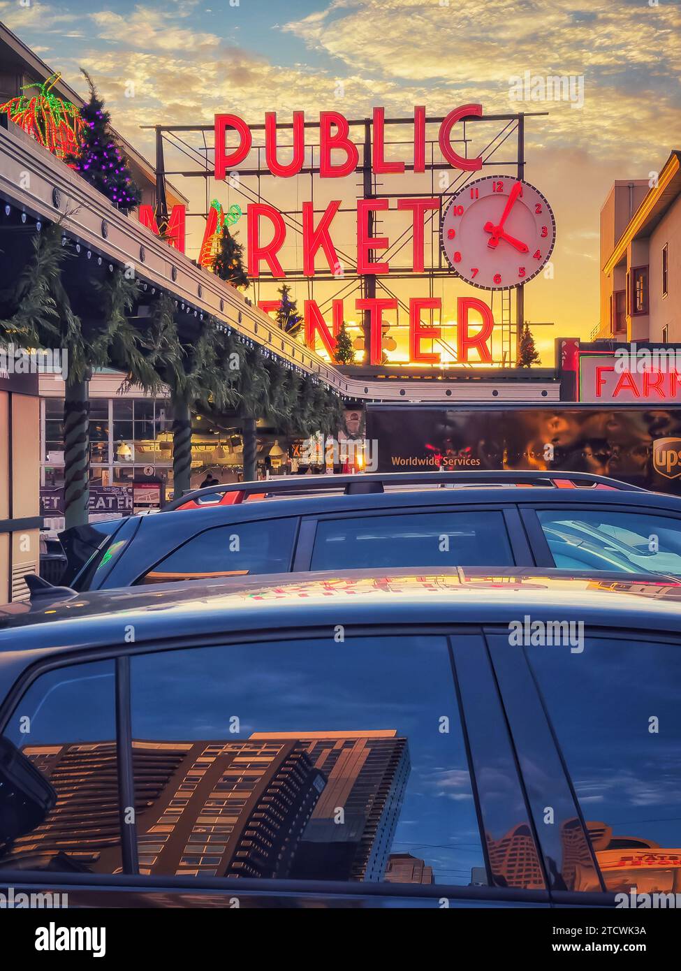 Seattle iconic tourist destination, the Pike Market, at sunset Stock ...
