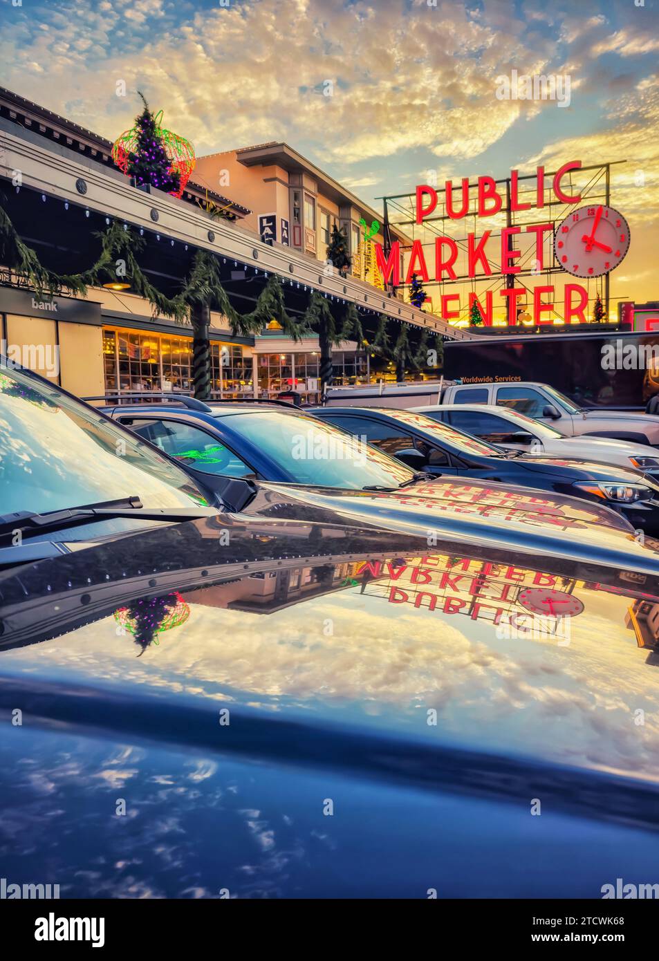 Seattle iconic tourist destination, the Pike Market, at sunset Stock ...