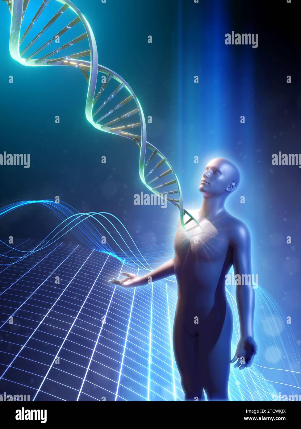 Strand of dna merges with a human body, representing the creation of ...