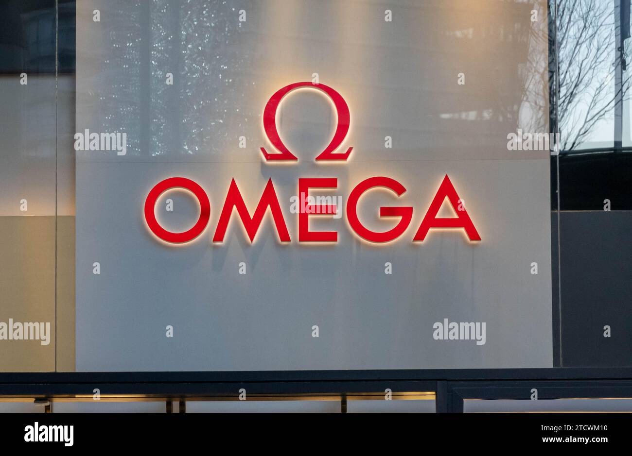 Omega sign in window of Liverpool ONE shop Stock Photo - Alamy