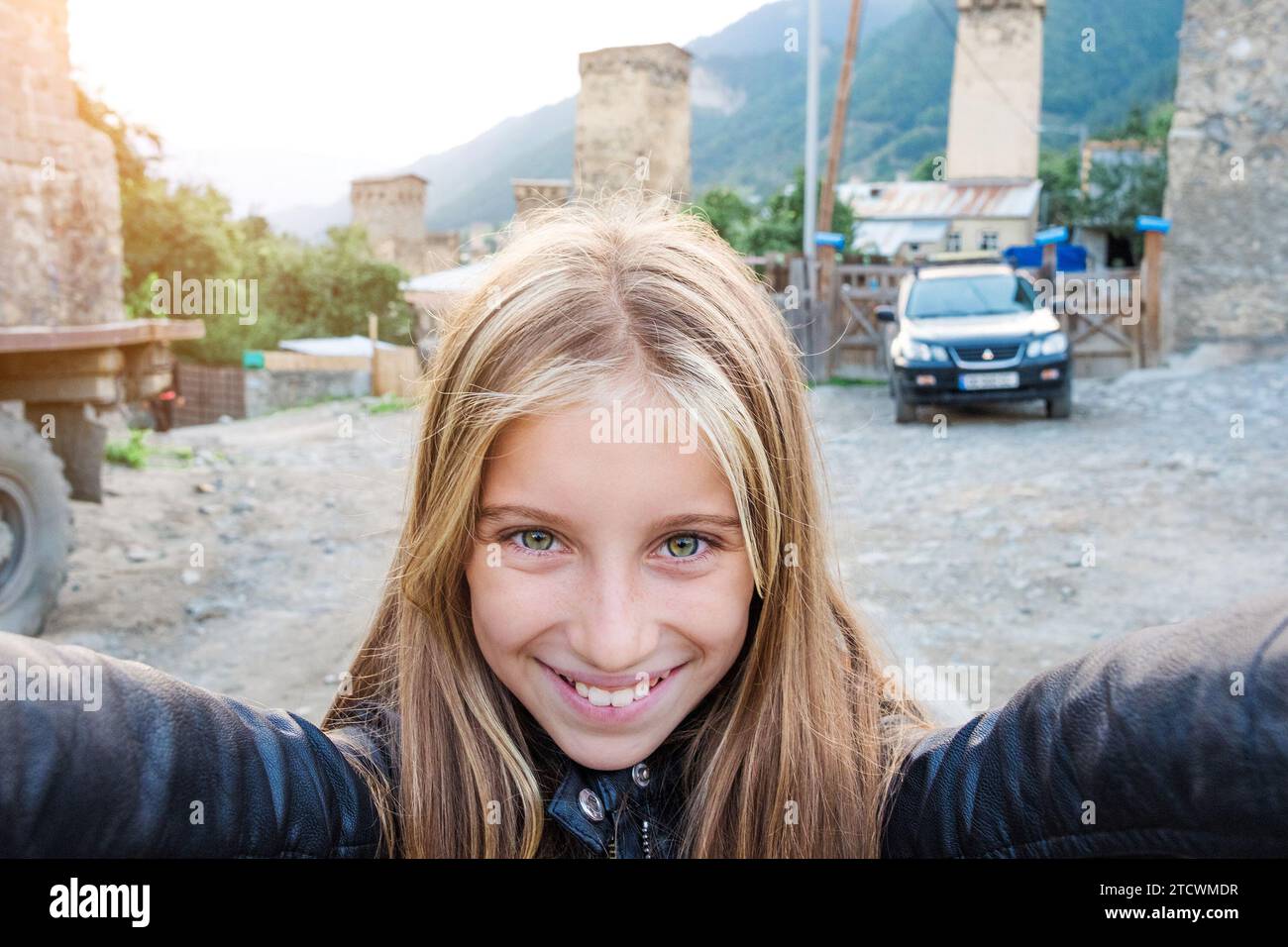 Little girl selfie in Mestia, Georgia Stock Photo - Alamy