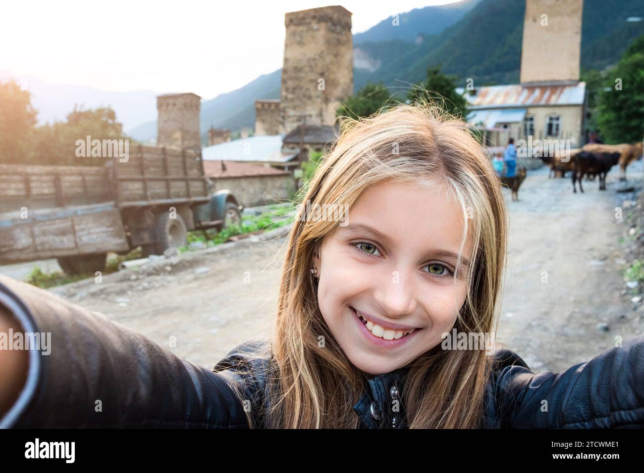 Little girl selfie in Mestia, Georgia Stock Photo - Alamy