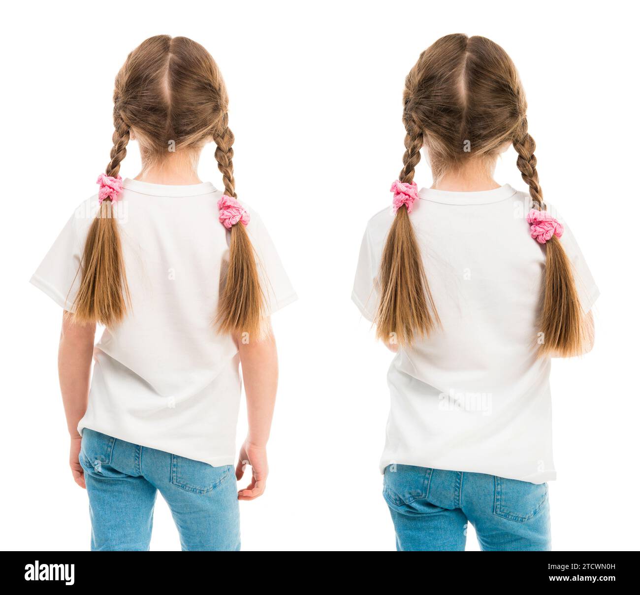 Little girl in a white T shirt showed in back side isolated on white ...