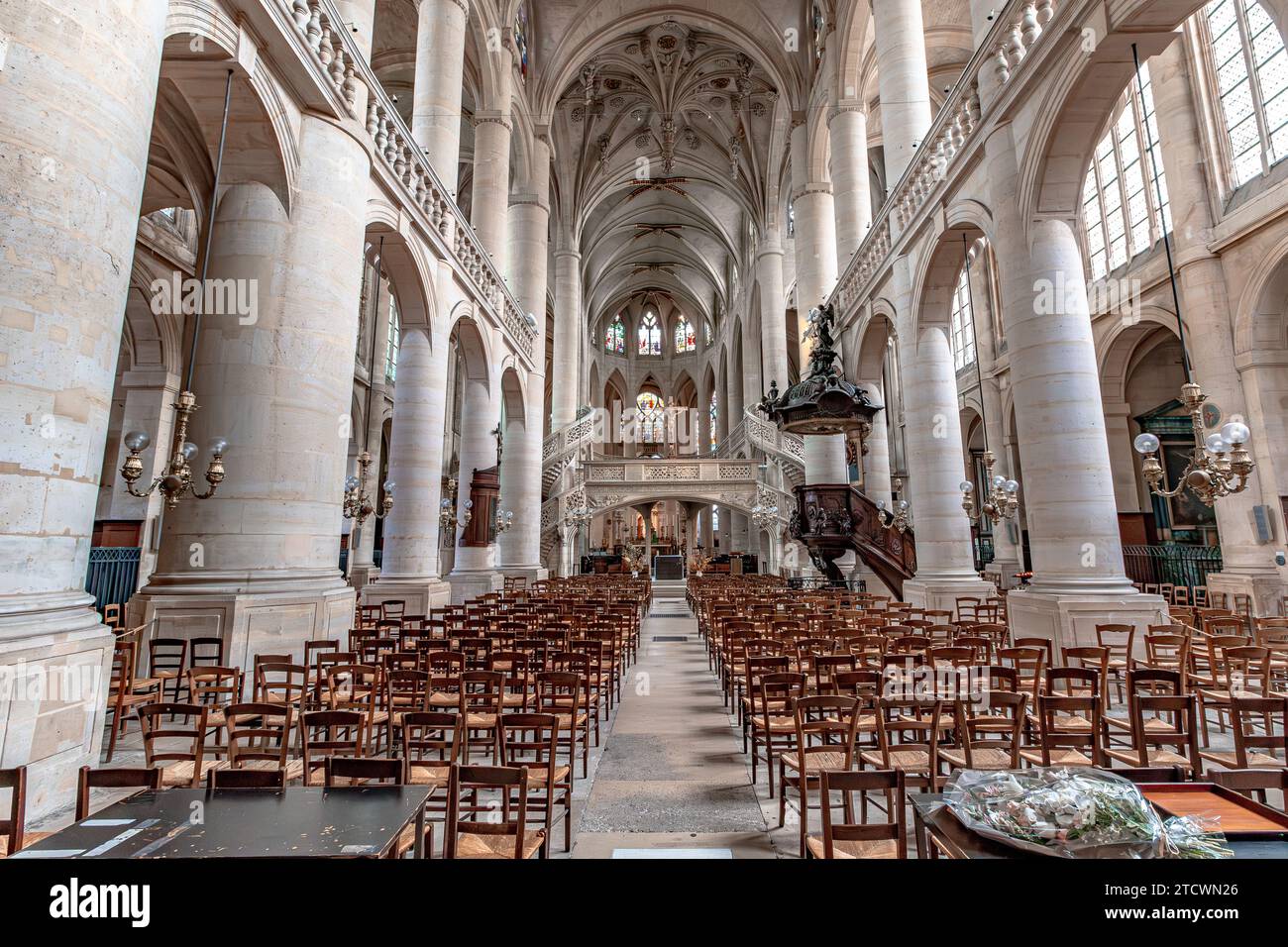 The nave and elaborate sculptured stone jubé, or rood screen inside ...