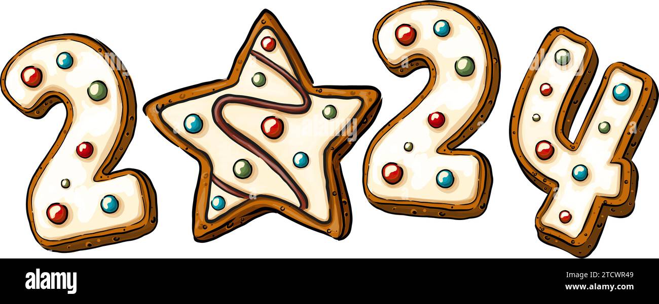 gingerbread numbers with the phrase 2024, top view in cartoon style ...
