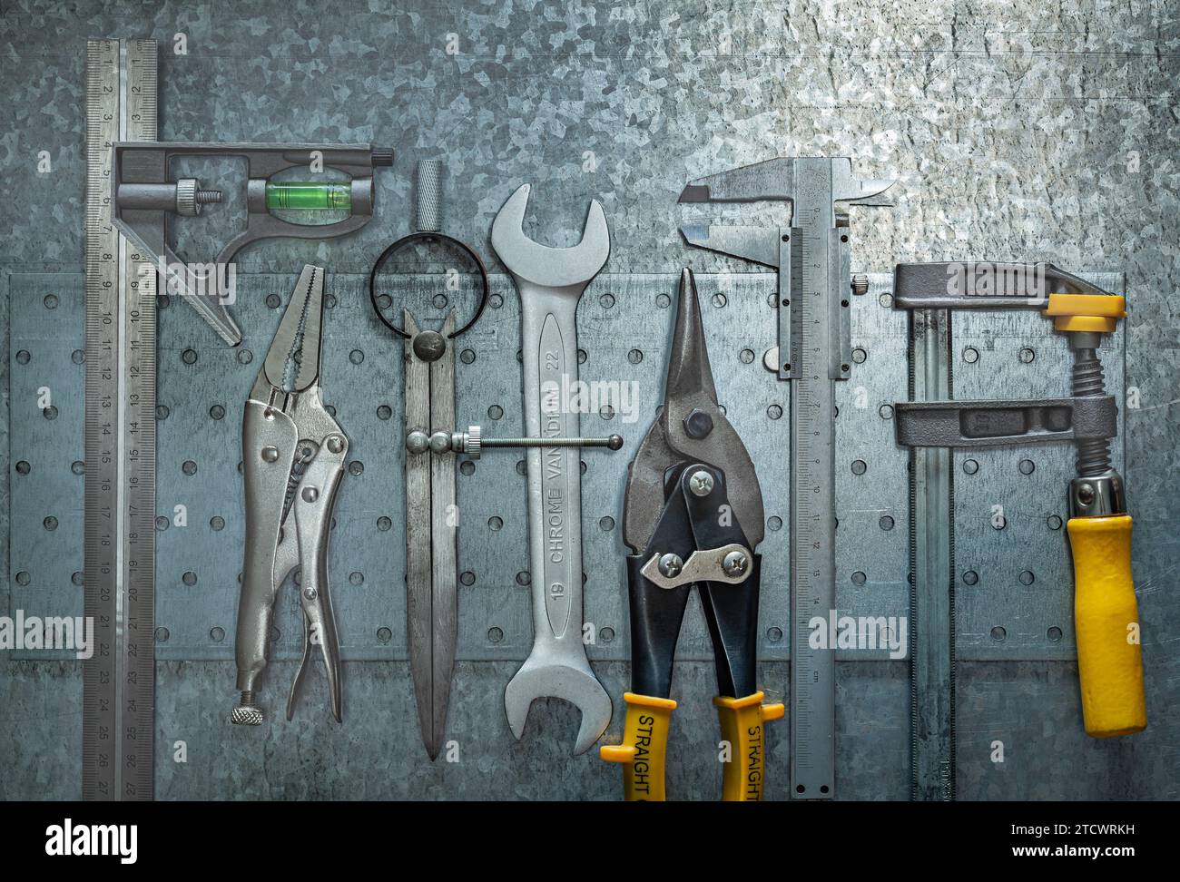 Set Of Construction Tools On Metalic Background Stock Photo - Alamy