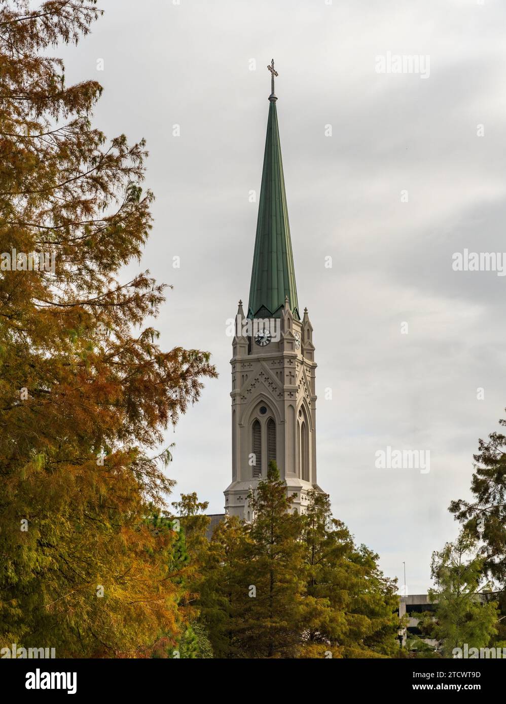 Tall slender tower or spire of St Joseph cathedral in Baton Rouge, the ...