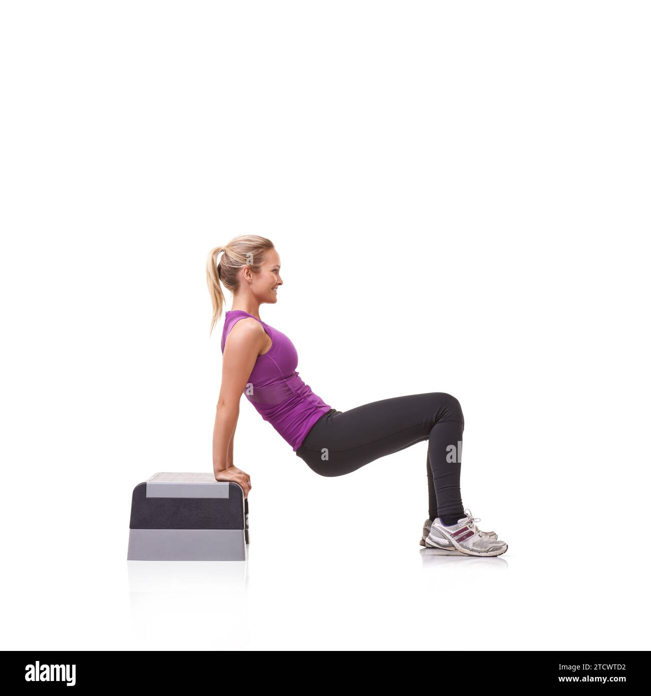 Woman, aerobics step and exercise in studio profile with smile ...