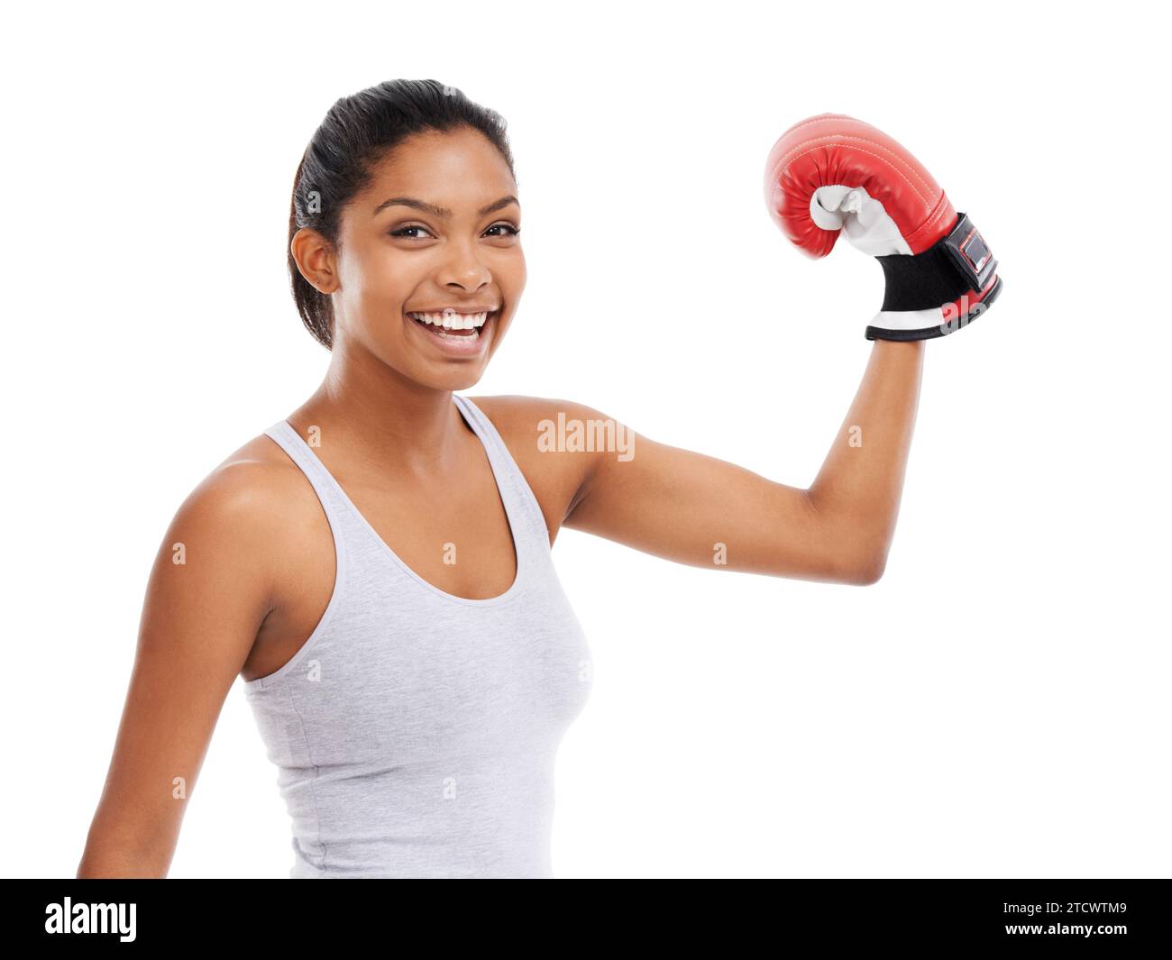 Portrait, boxer and glove with woman, flex and exercise isolated on a ...