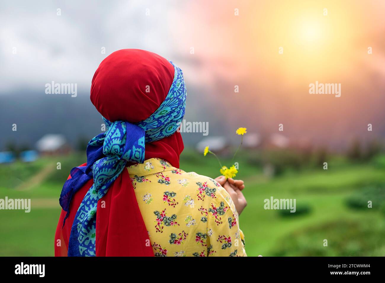 Girl in local dress holding a yellow flower in the highland. Aerial ...