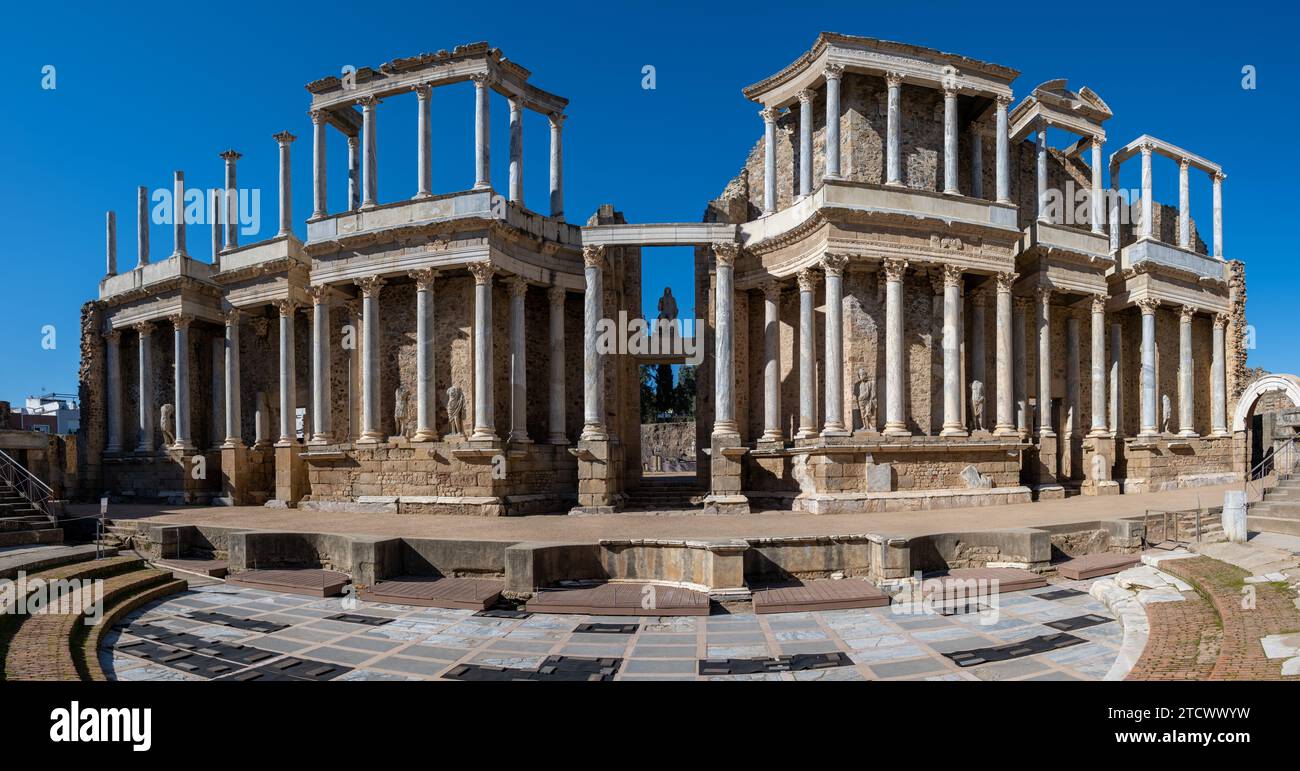 Panoramic view of the ancient Roman theater ruins of Merida, Spain ...