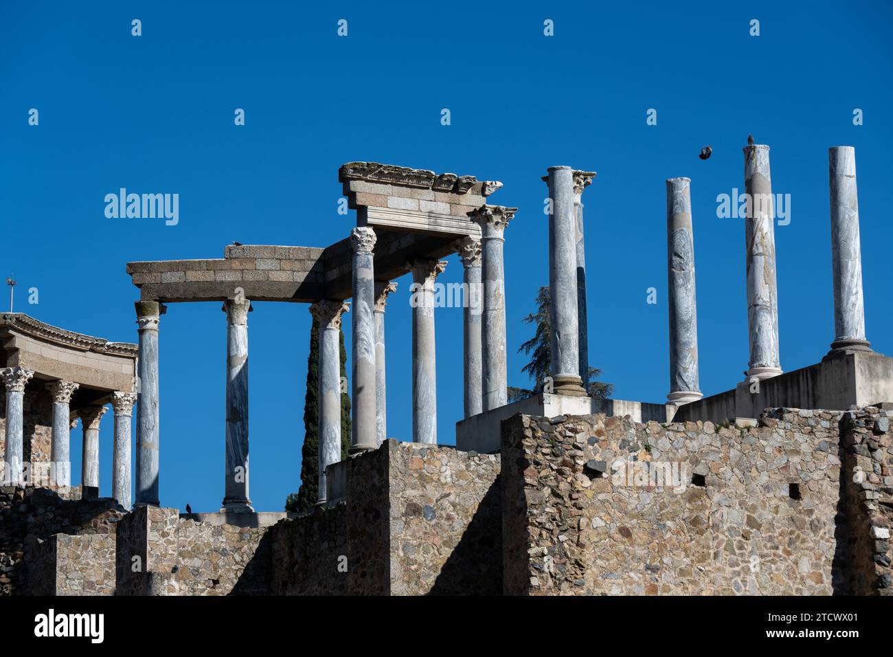 Panoramic view of the ancient Roman theater ruins of Merida, Spain ...