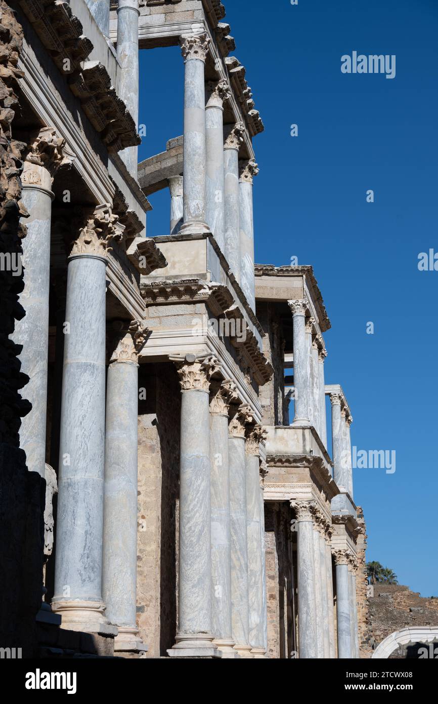 Panoramic view of the ancient Roman theater ruins of Merida, Spain ...