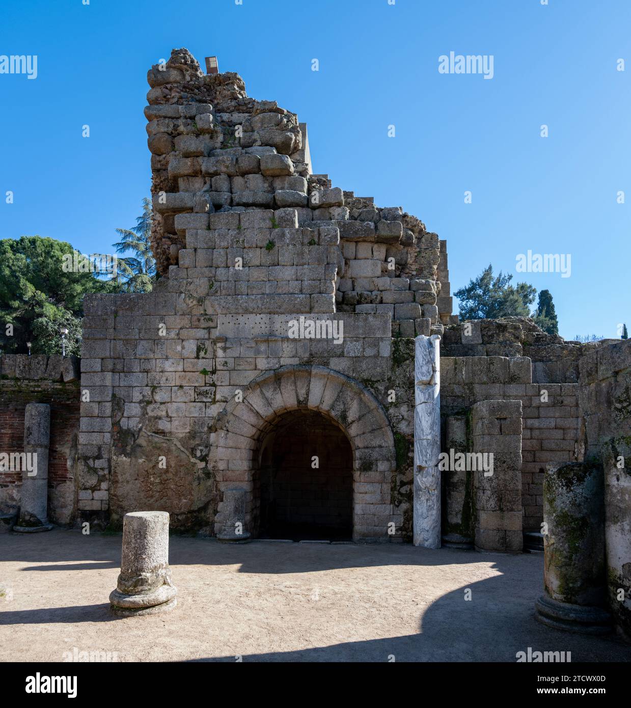 Panoramic view of the ancient Roman theater ruins of Merida, Spain ...