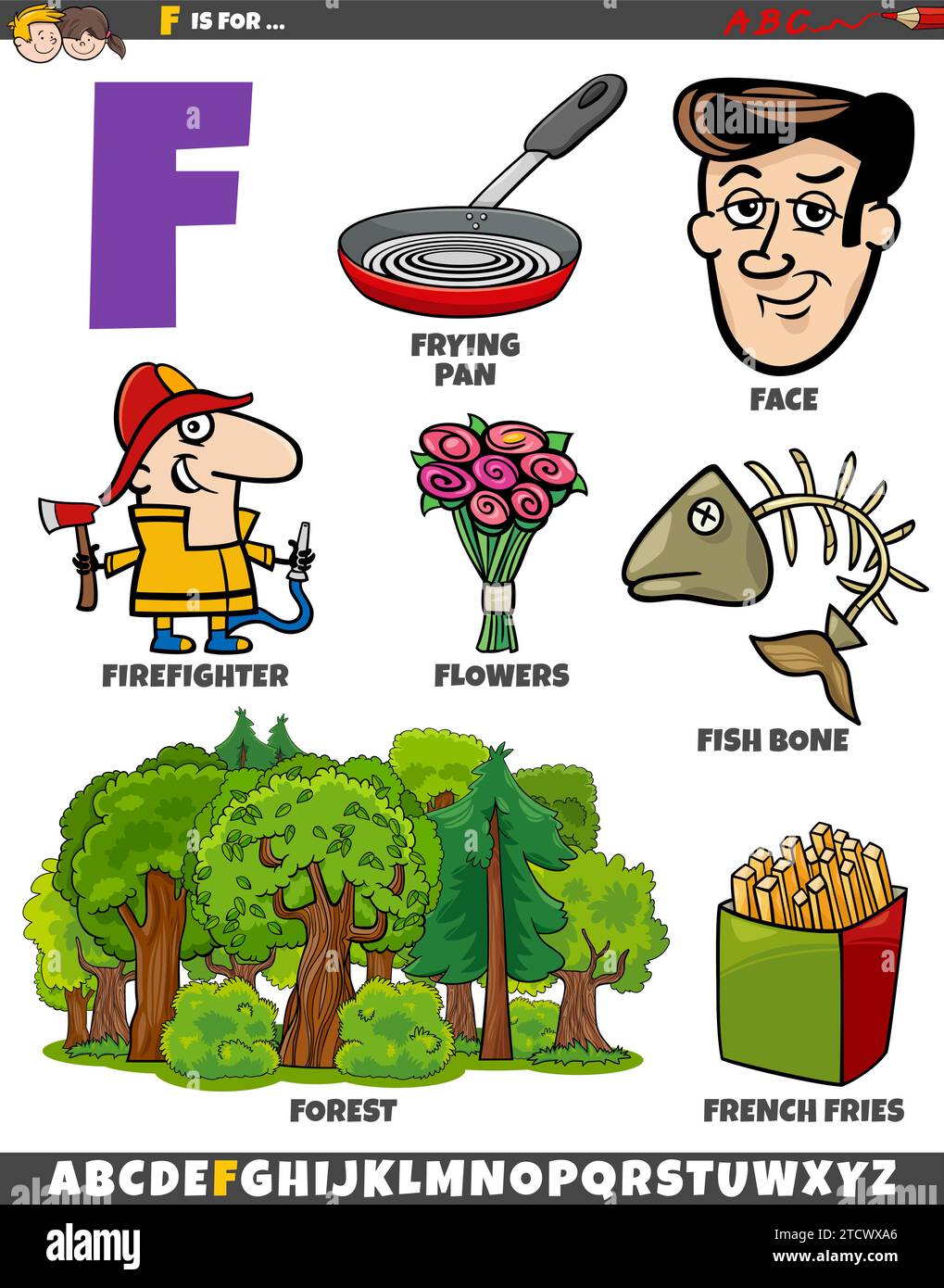 Cartoon illustration of objects and characters set for letter F Stock ...