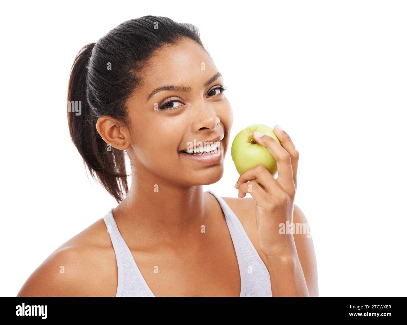 Happy woman, apple and eating of healthy food for nutrition, detox and ...