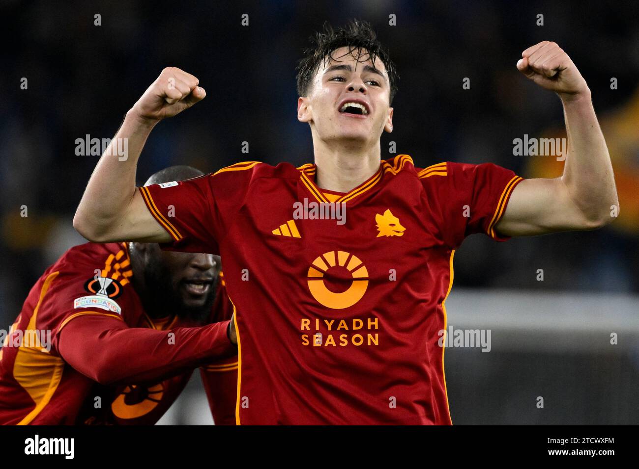 Rome, Italy. 14th Dec, 2023. Niccolo Pisilli of AS Roma celebrates with ...