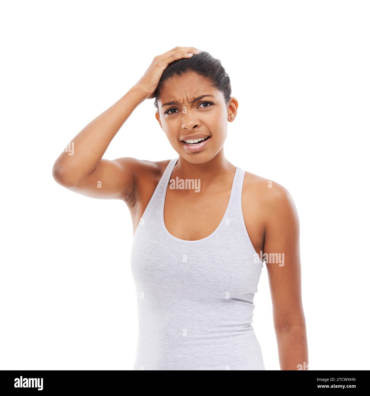 Surprise, woman and portrait with fitness frown, wow and frustrated ...