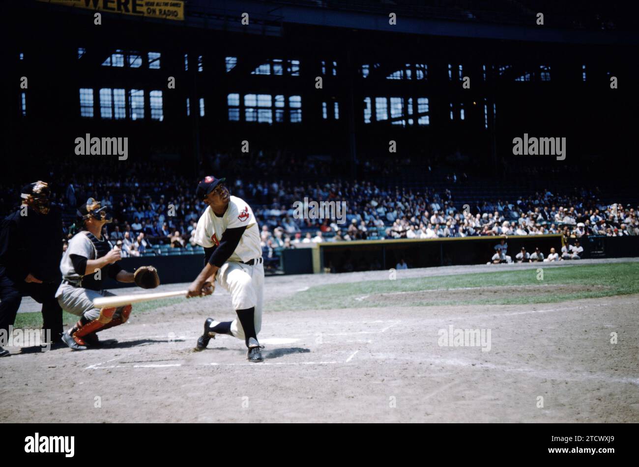 CLEVELAND, OH - MAY 26: Larry Doby #14 of the Cleveland Indians swings ...