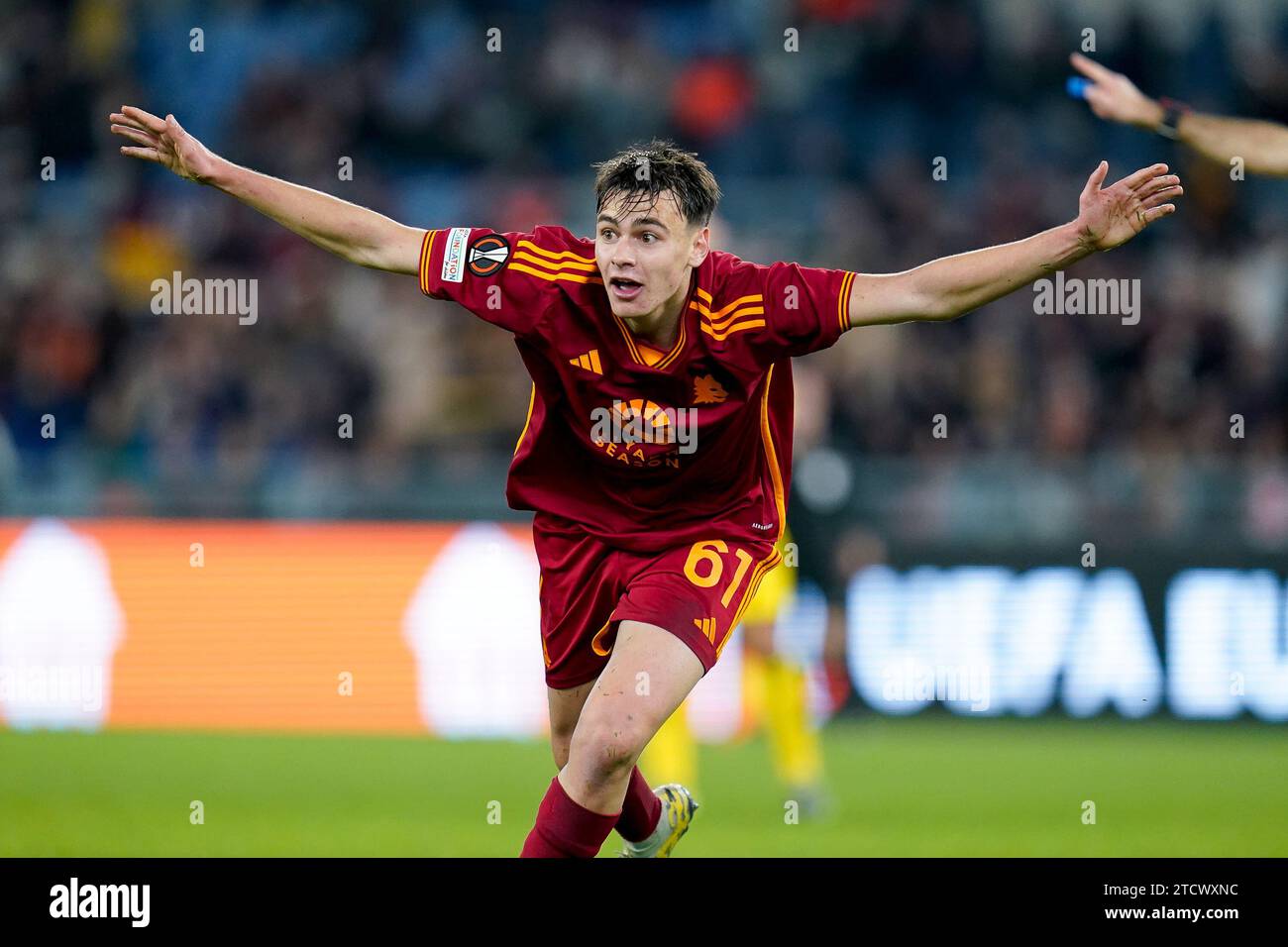 Rome, Italy. 14th Dec, 2023. Niccolo' Pisilli of AS Roma celebrates ...