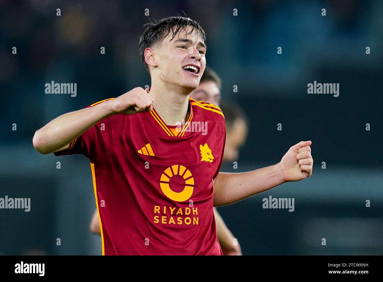Rome, Italy. 14th Dec, 2023. Niccolo' Pisilli of AS Roma celebrates ...