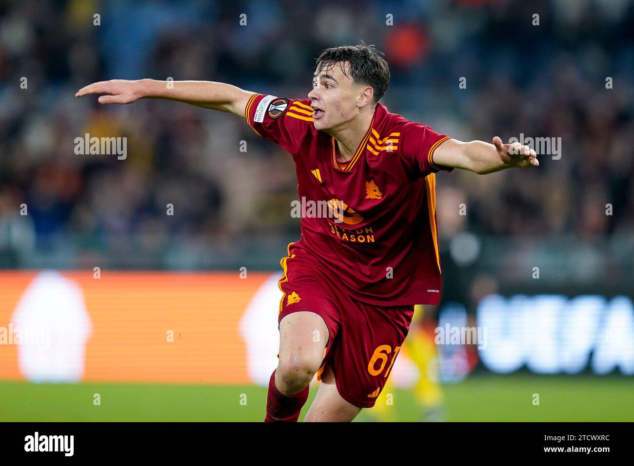 Rome, Italy. 14th Dec, 2023. Niccolo' Pisilli of AS Roma celebrates ...