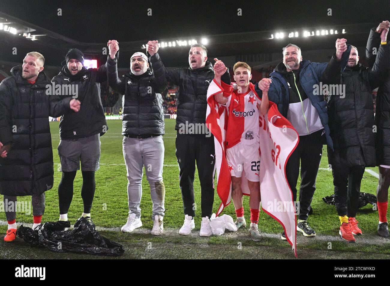Prague, Czech Republic. 14th Dec, 2023. Players of Slavia celebrate ...