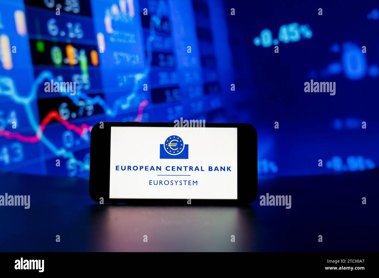 India. 14th Dec, 2023. In this photo illustration, the European Central Bank logo seen displayed ...