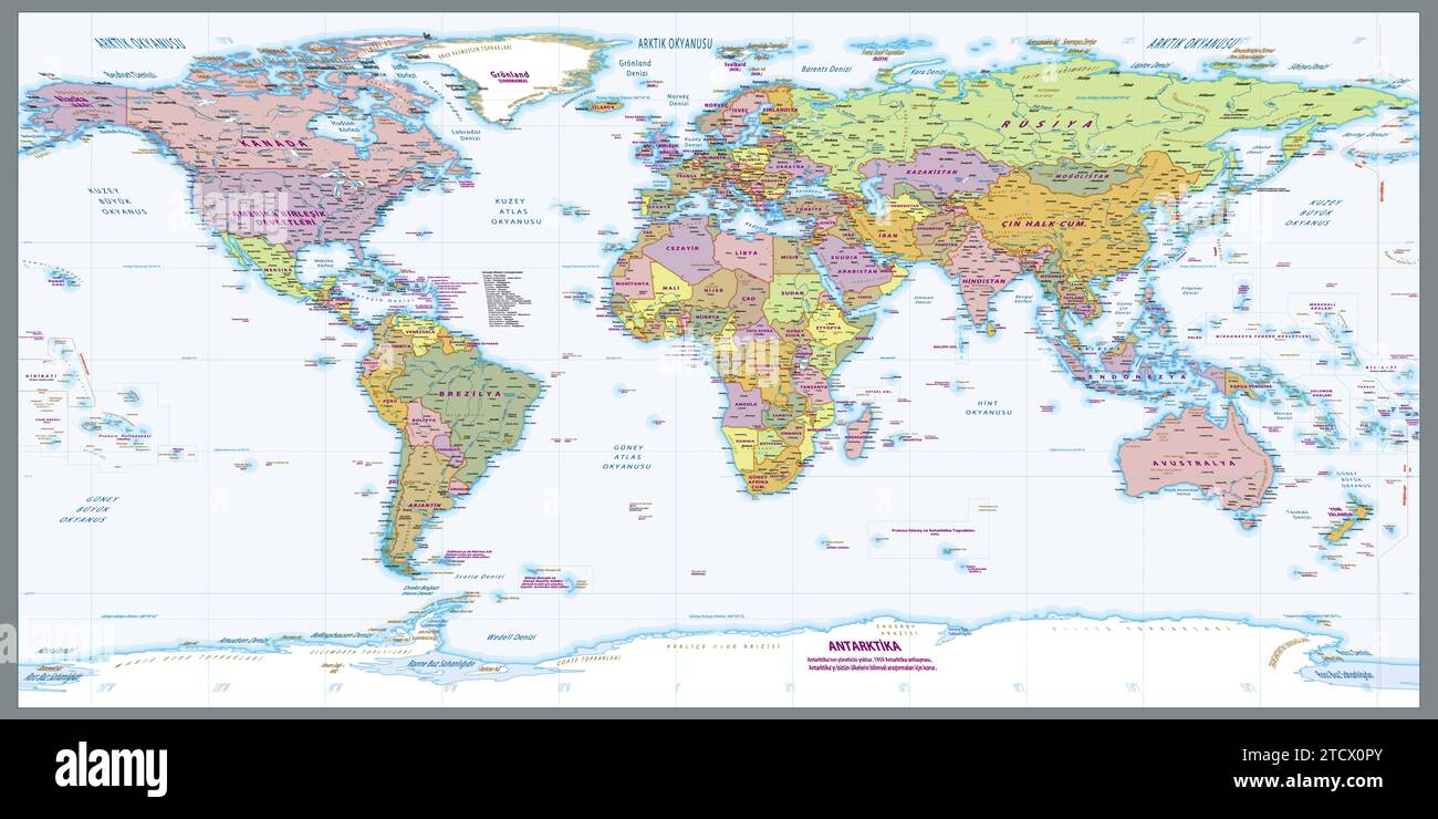 Turkish language Political world map Equirectangular projection Stock ...