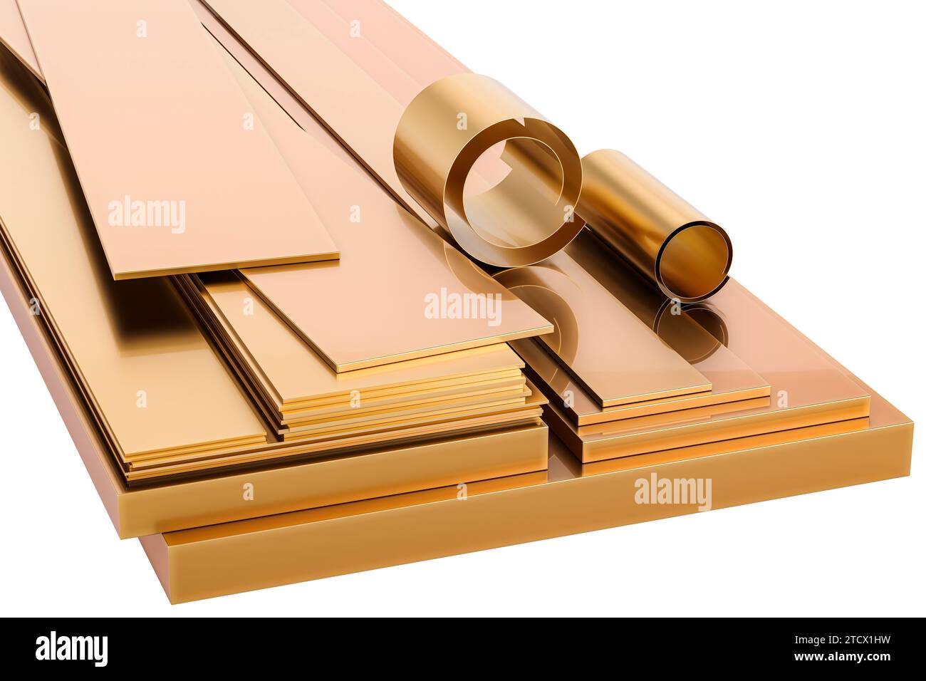 Different Copper Sheets, Rolled Metal Products. 3D rendering isolated ...