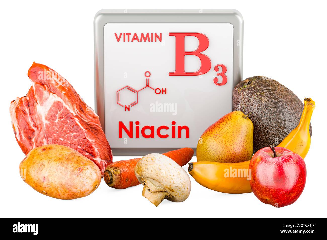 Products containing Vitamin B3, Niacin. 3D rendering isolated on white ...