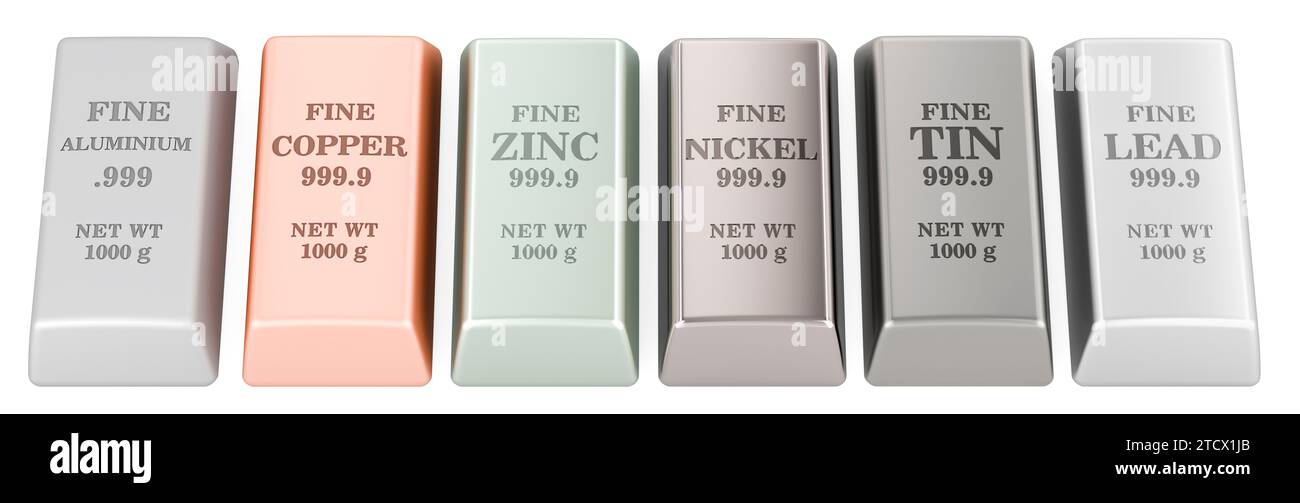 Set of non-ferrous metals ingots, 3D rendering isolated on white ...