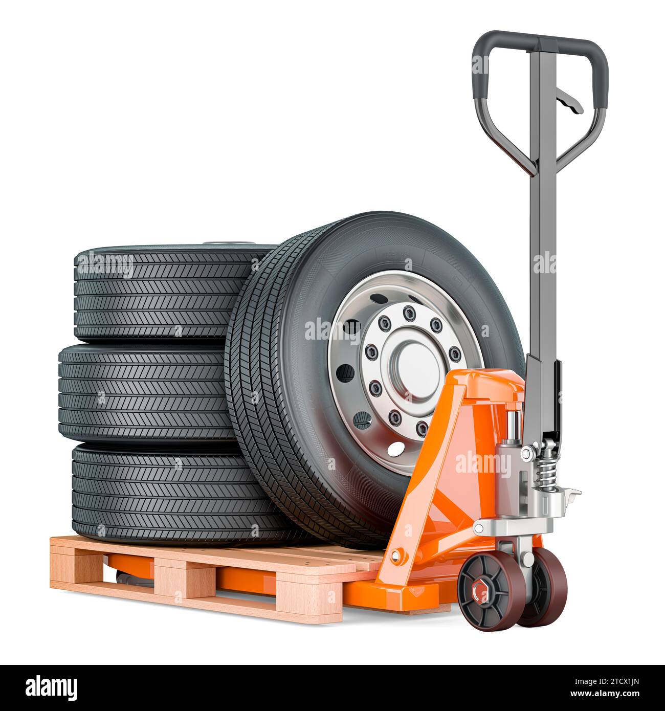 Hydraulic pallet jack with car wheels. 3D rendering isolated on white ...