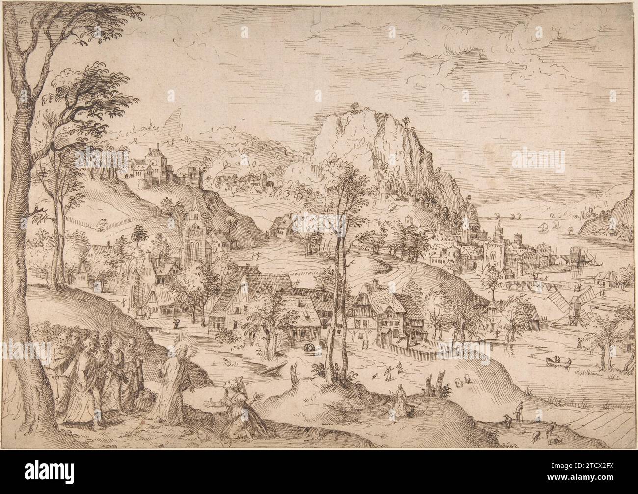 Panoramic Mountainous Estuary Landscape, with Christ and the Woman of ...