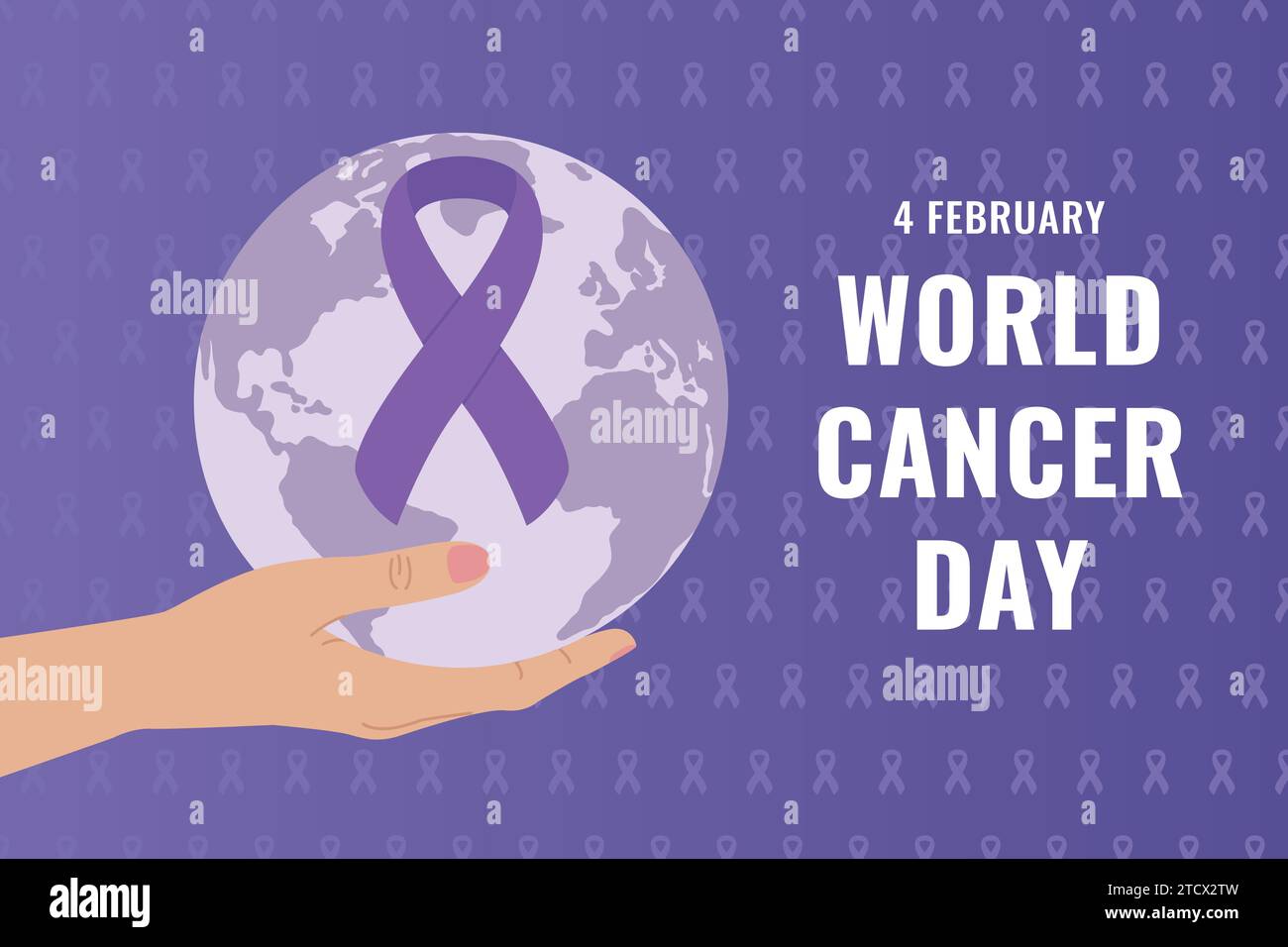 World Cancer Day 4 February. Female hand holds globe with purple ribbon ...