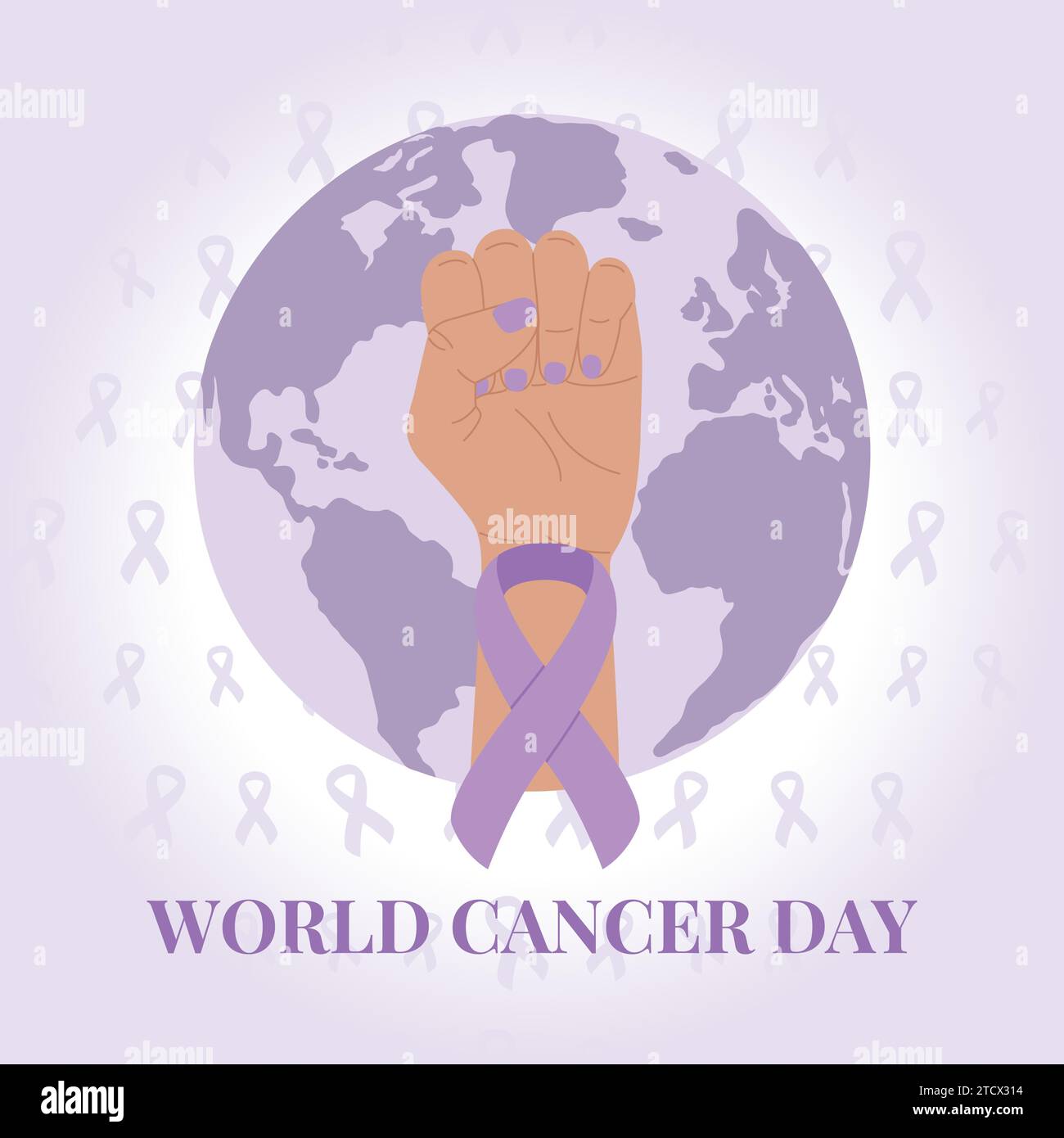 World Cancer Day 4 February. Purple cancer ribbon on raised fist on ...