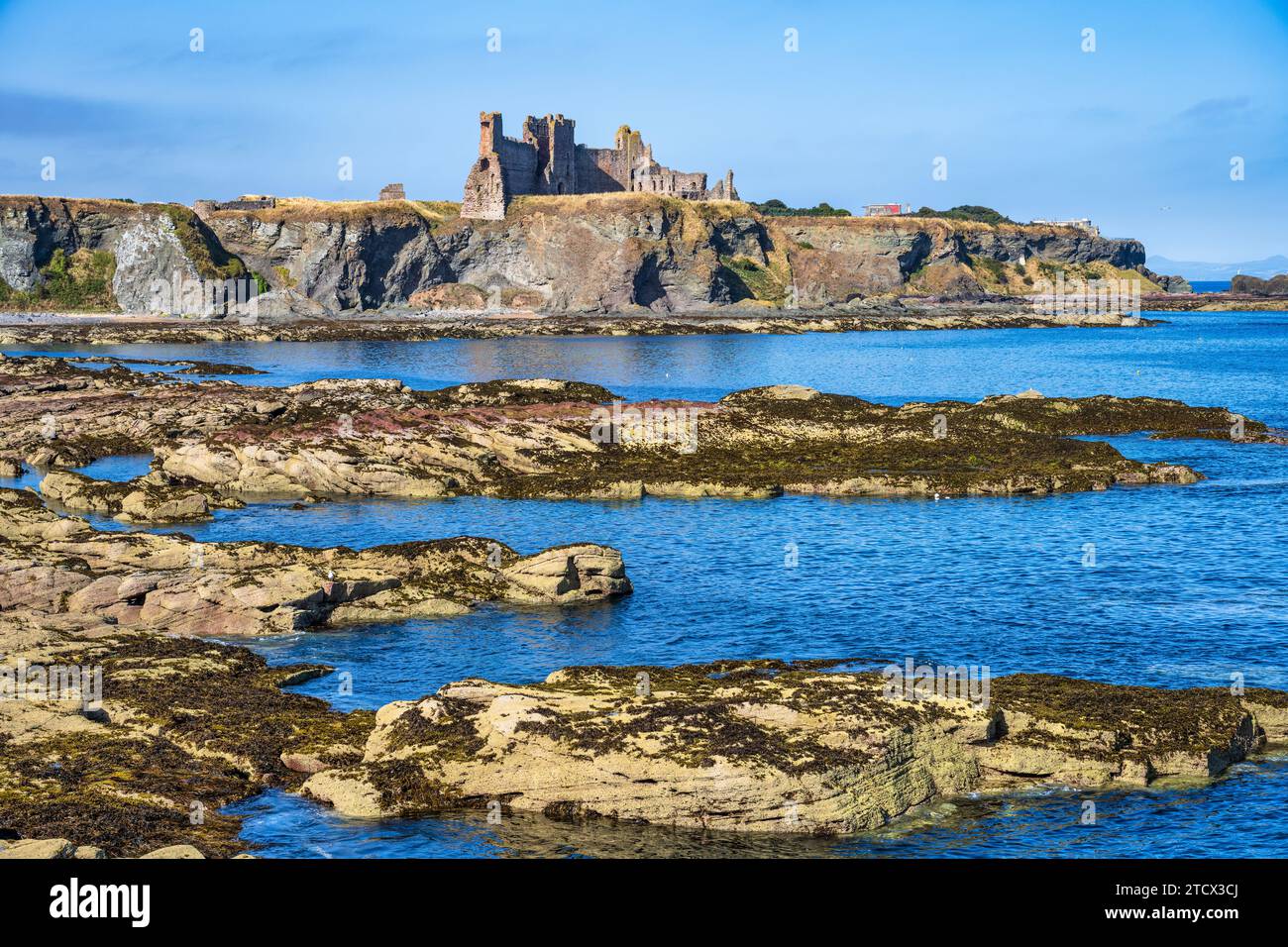 View across rocky outcrops of Oxroad Bay to the ruins of Tantallon ...