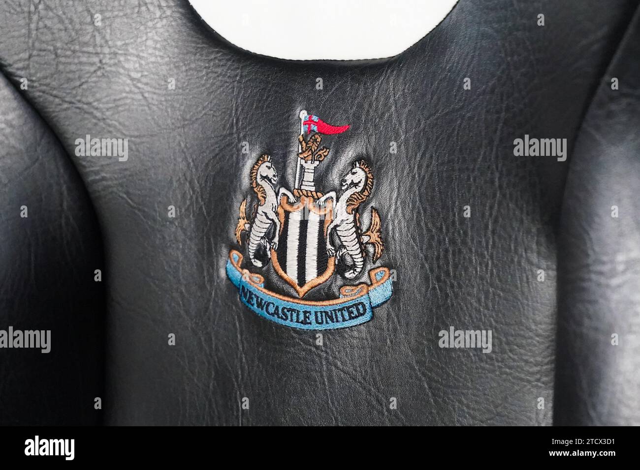 Newcastle, UK. 13th Dec, 2023. Embroidered Newcastle badge on seat on ...