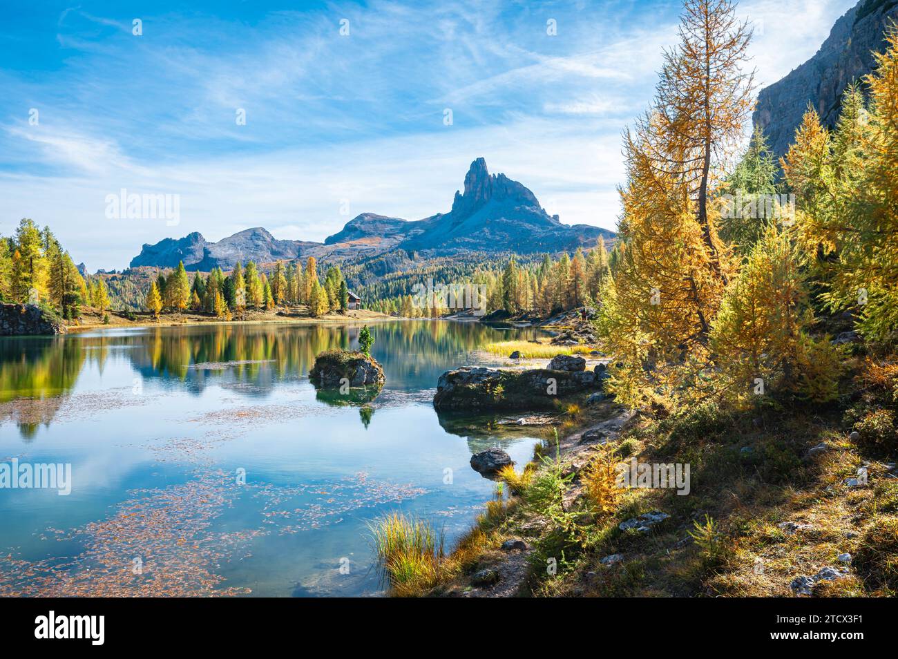 Majestic view of Lake Federa surrounded by golden larches and steep ...