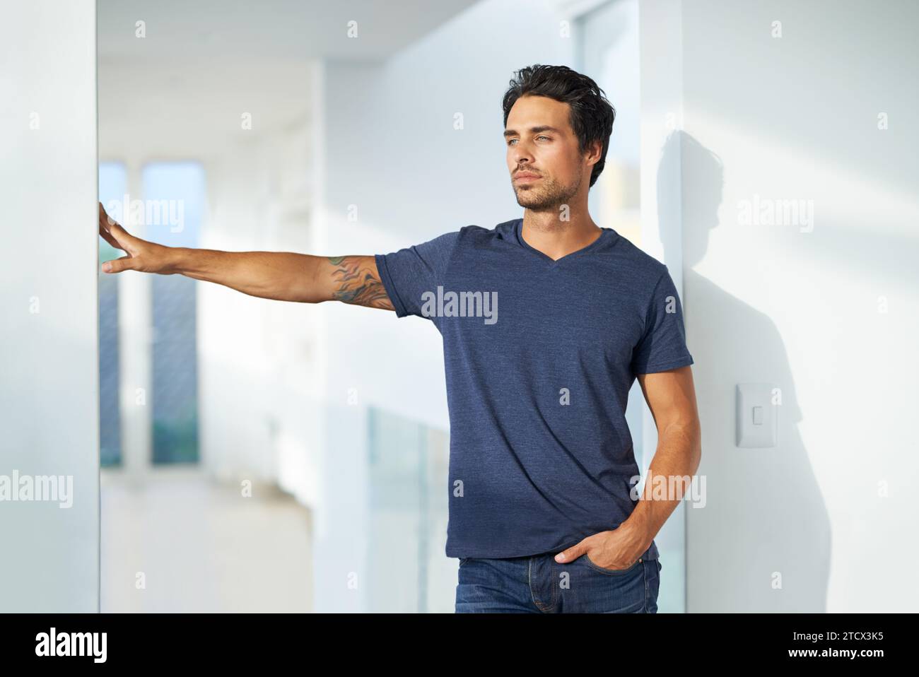 Man, thinking and future in home for vision idea or relax confidence ...