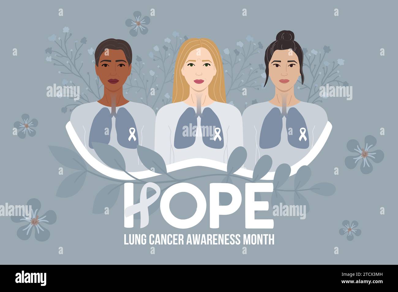 Lung Cancer Awareness Month. Hope phrase. Three women with wrinkles ...