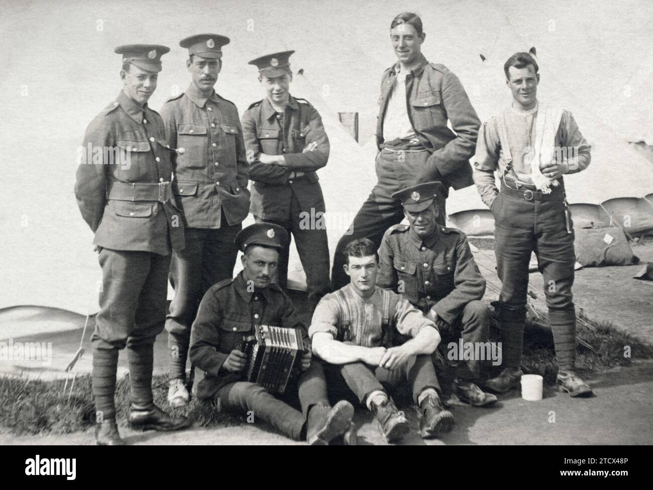Royal Engineer soldiers in camp with an accordion, during the First ...