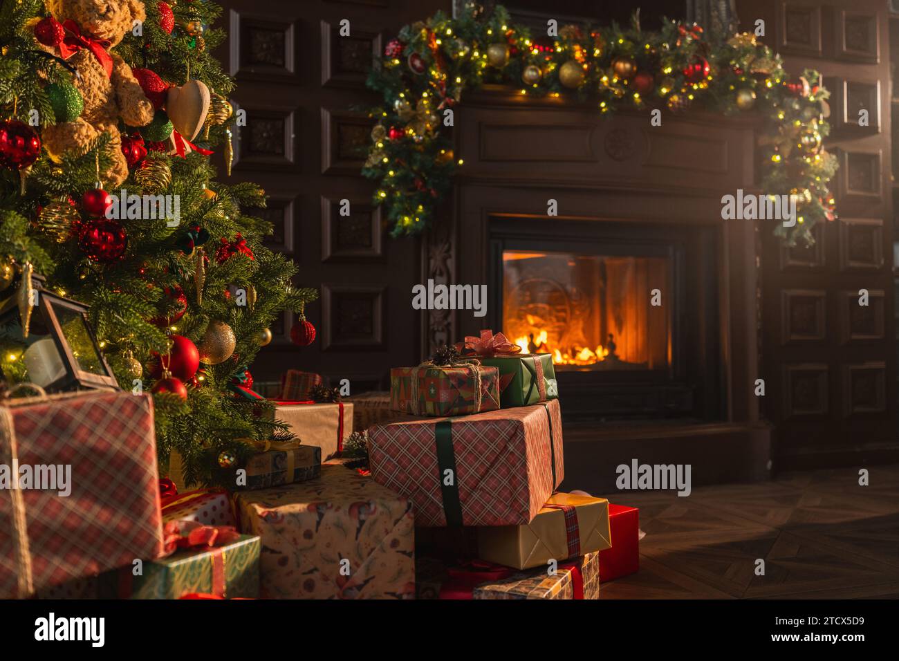 Classical Christmas decorated interior living room library with ...