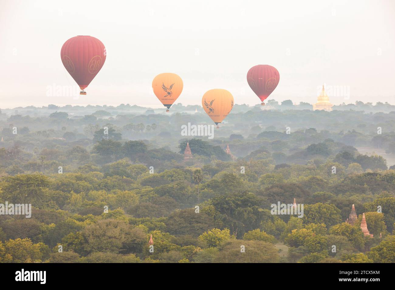 Hot air balloons at sunrise over the Bagan Valley temples, Myanmar ...